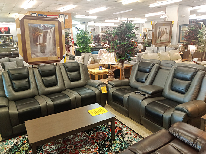 Living room sets arranged like a furniture showroom fever dream. That leather sectional has stories to tell&mdash;and is ready for yours.