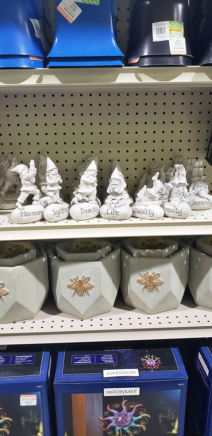 Garden gnomes offering "Harmony" and "Serenity" at bargain prices. Even your lawn deserves affordable zen moments.