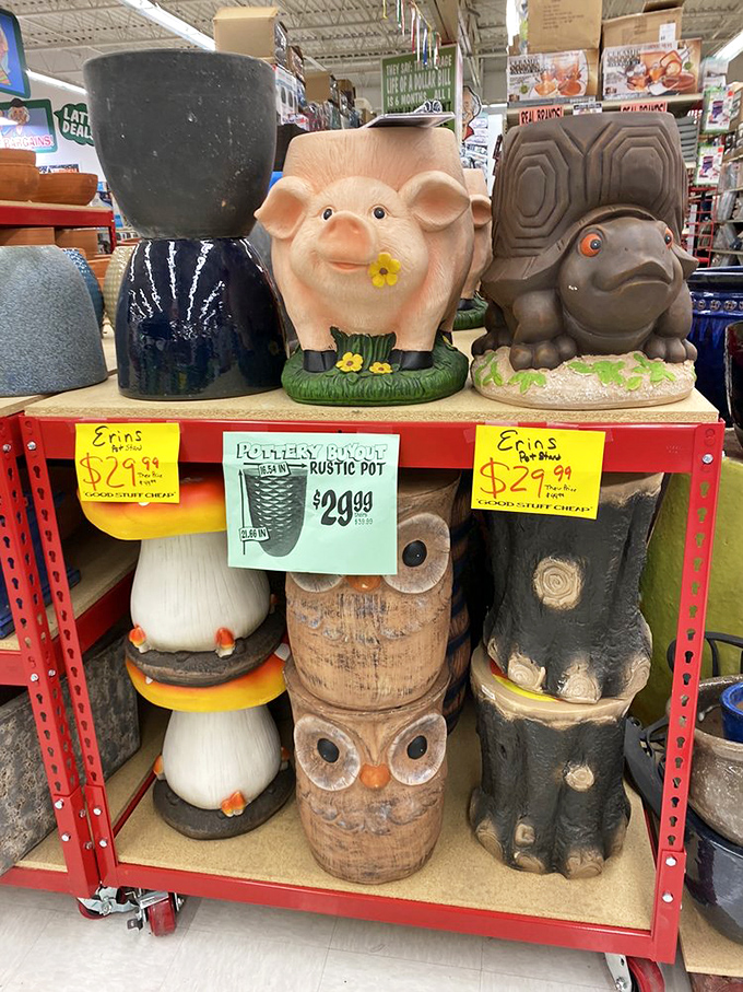 Garden ornaments with personality! That pig planter isn't just yard d&eacute;cor&mdash;it's a conversation starter that happens to grow petunias.