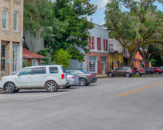 Historic buildings line Micanopy's main street, their varied heights and colors creating a skyline that's refreshingly human-scaled.
