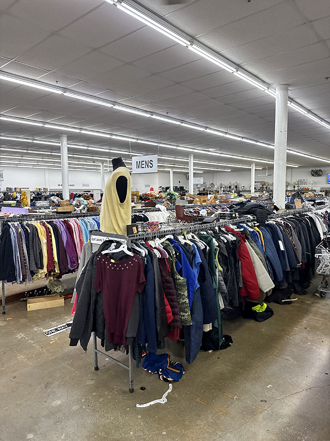 The men's clothing section stretches endlessly, proving that guys have just as many fashion options when shopping secondhand as anywhere else.