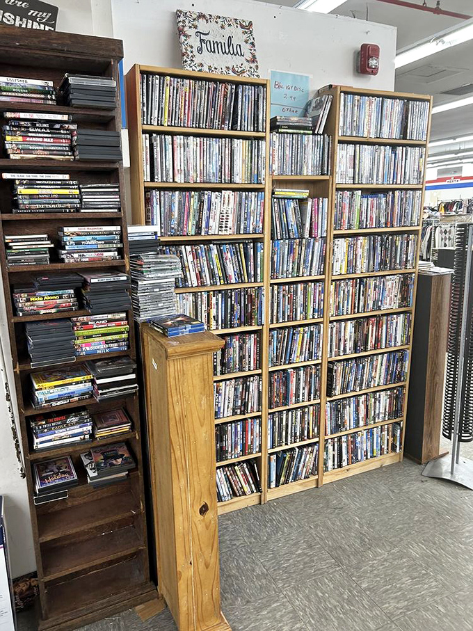 Floor-to-ceiling DVDs mean movie night just got a serious upgrade without the monthly streaming subscription fees piling up endlessly.