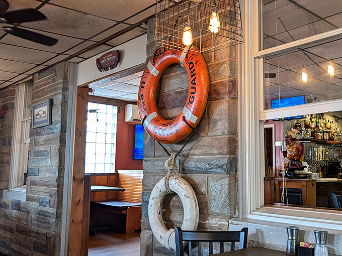 Life preservers mounted on stone walls remind you that this place has saved many a hungry sailor from culinary disappointment.
