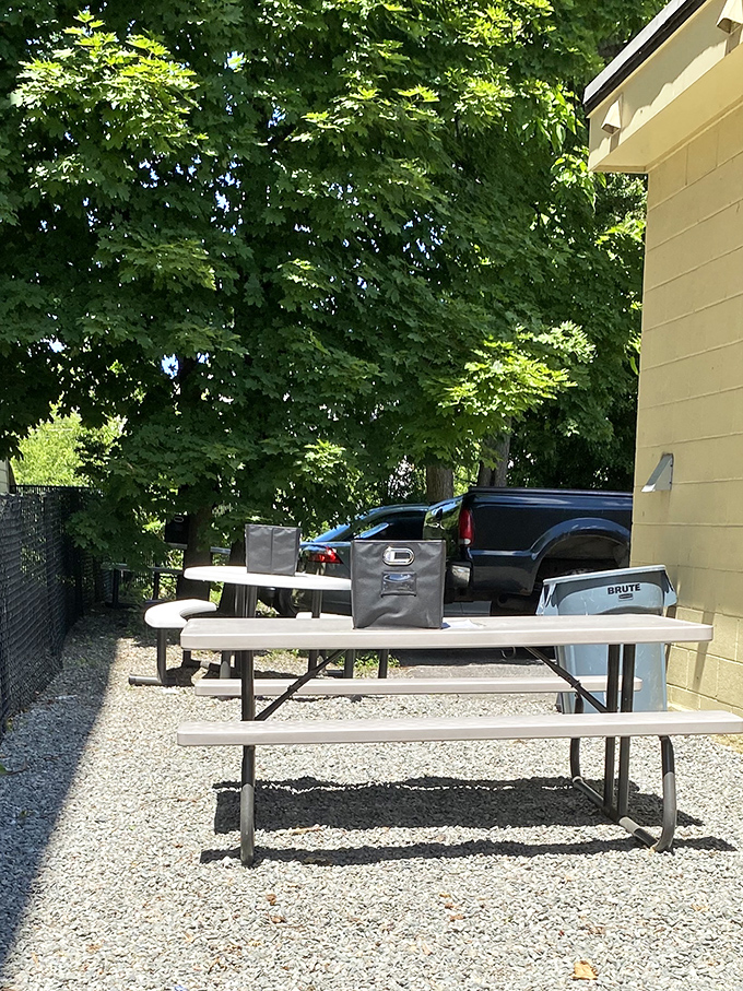 When the weather cooperates, these outdoor picnic tables become Natick's most exclusive dining room &ndash; no reservations accepted, just good timing required.