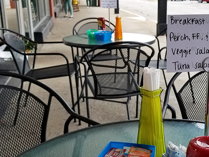 Outdoor seating for when your breakfast needs fresh air. These patio tables offer a front-row seat to Indianapolis life passing by.
