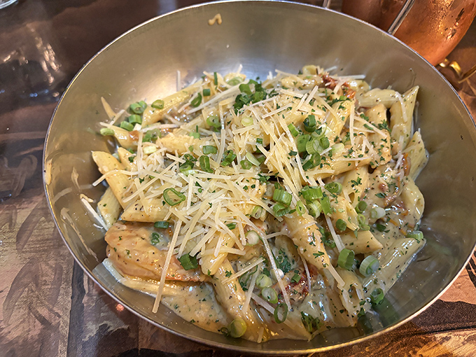 Pasta that doesn't need to show off&mdash;it just delivers with creamy sauce, perfectly cooked shrimp, and enough garlic to keep vampires out of Butte forever.