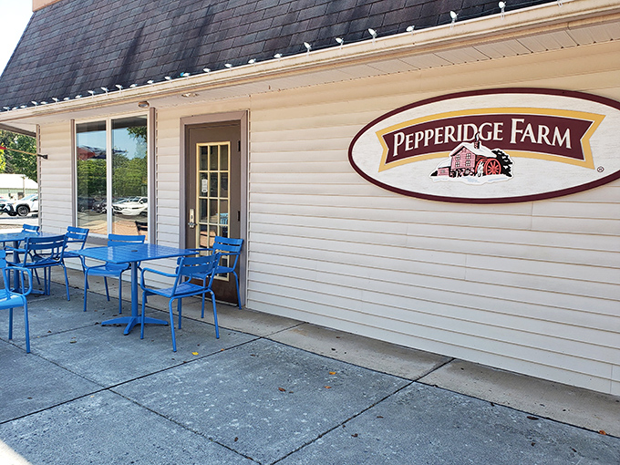 Pepperidge Farm's welcoming patio offers sweet respite for shoppers, where cookie breaks become strategic planning sessions for the next retail assault.