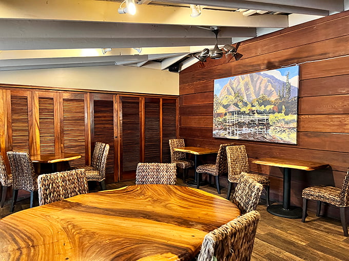 This isn't just a dining room&mdash;it's where memories are made. That monkeypod table could tell stories that would make the wooden walls blush.