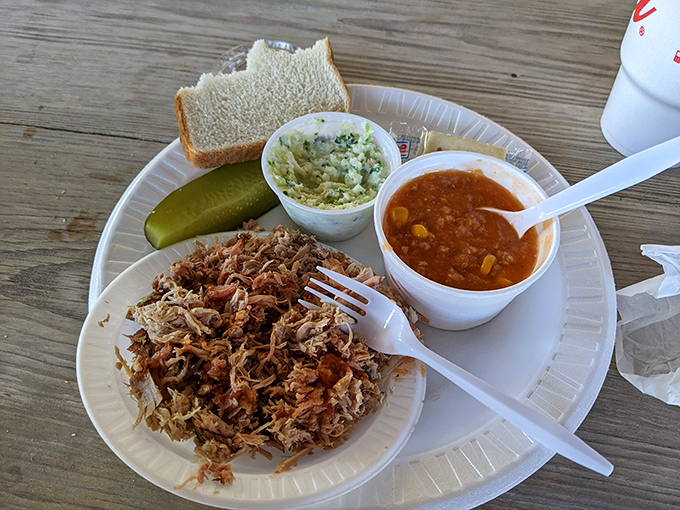 The perfect plate &ndash; meat, stew, bread, pickle, slaw &ndash; a balanced diet according to the barbecue food pyramid I just invented.