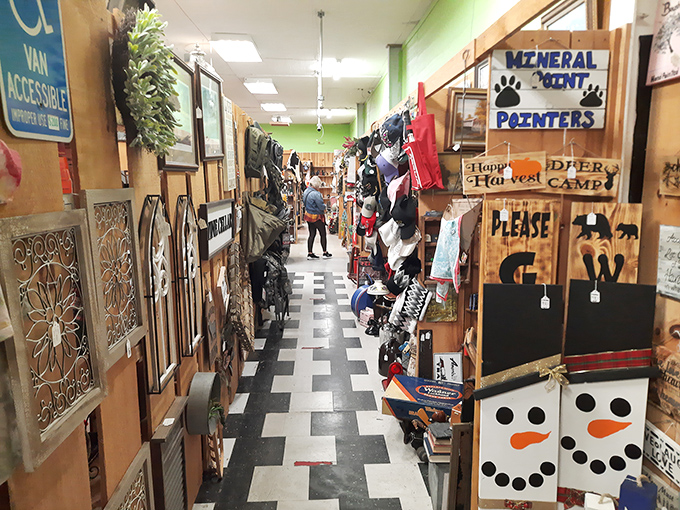 The black and white checkered aisle leads to treasures unknown. Like a chess board where every move brings you closer to discovery.