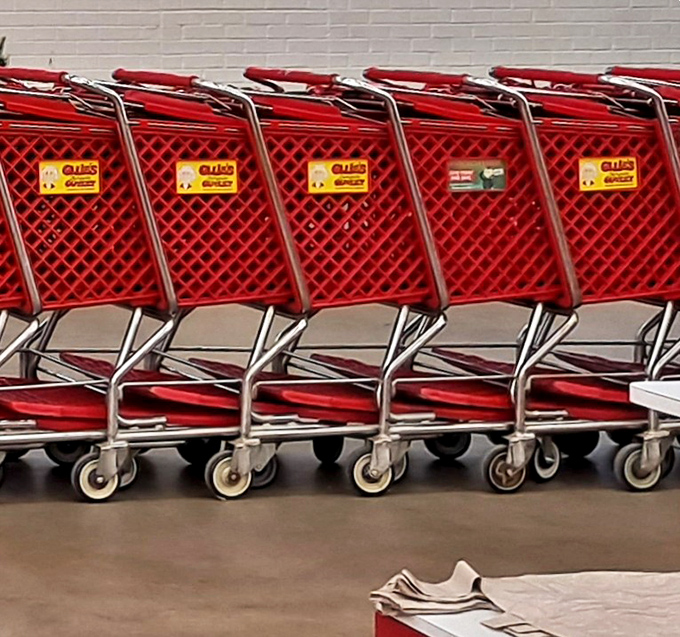 The red shopping carts stand at attention, eagerly awaiting their next bargain-hunting mission. Each one a chariot for retail adventures.