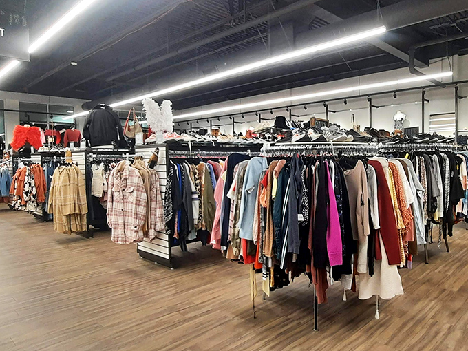 Racks on racks on racks of possibility. The store layout invites exploration without the overwhelm of typical thrift store chaos.