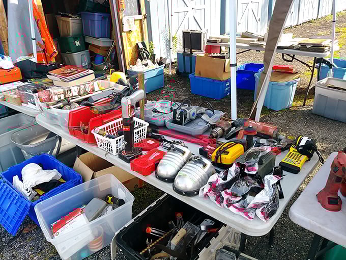 A tool lover's paradise where vintage wrenches and modern power tools coexist in perfect harmony.