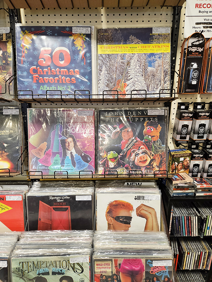 Vinyl treasures waiting to spin again. John Denver and The Muppets Christmas album? Now that's a time capsule worth opening.