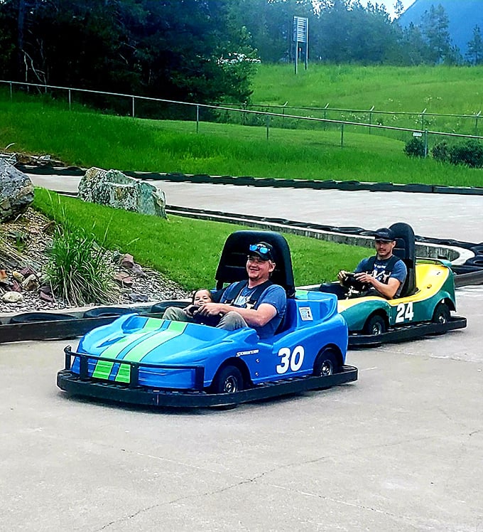 Racing smiles that say it all&mdash;the pure joy of go-karting transcends age, making everyone feel like a kid again.