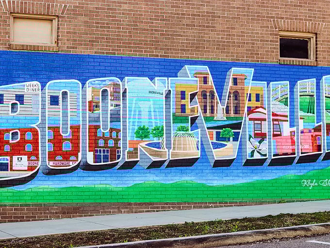 This vibrant mural doesn't just brighten a wall&mdash;it captures Booneville's spirit in living color, a public art gallery with no admission fee.
