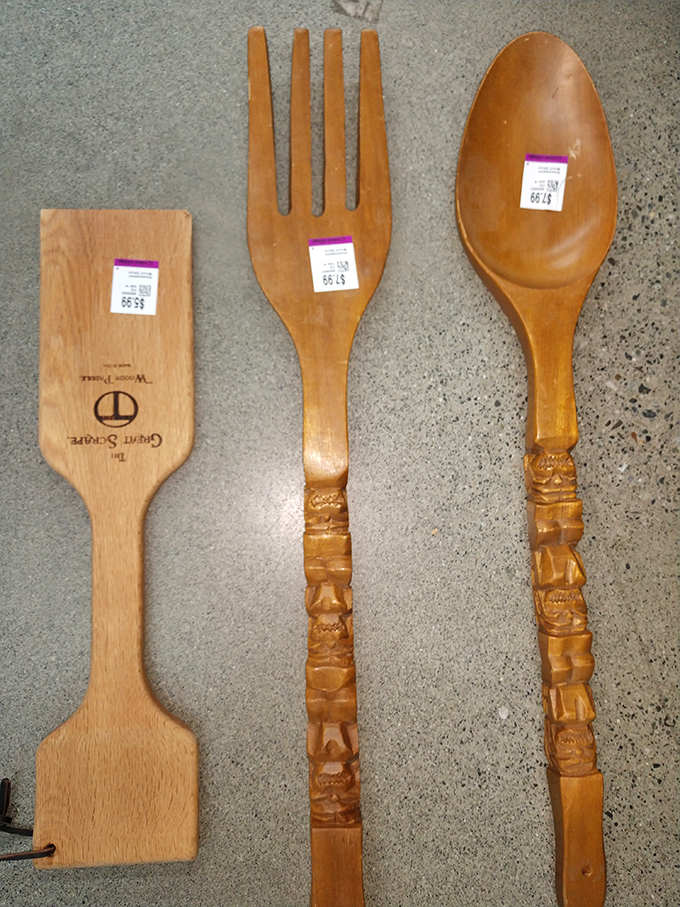 Wooden utensils with purple price tags—kitchen tools that have stirred countless Alaskan stews and survived to tell the tale.