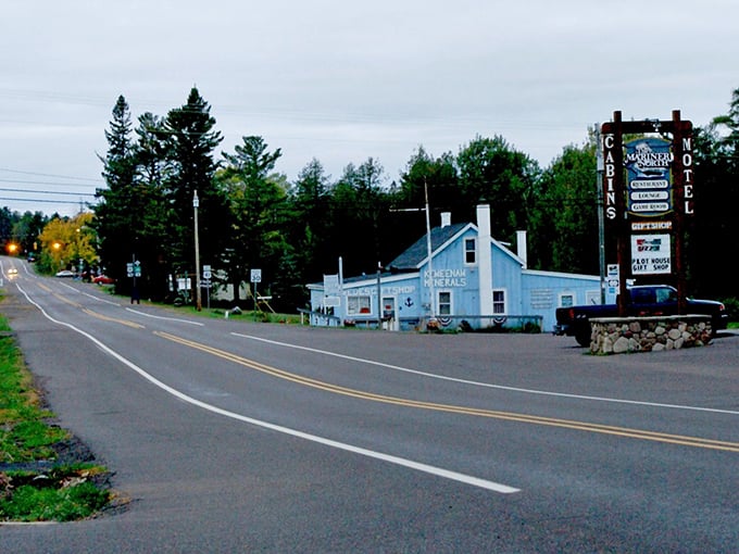 Copper Harbor's simple main street offers just the essentials, proving that sometimes the best small towns are the ones with the least pretense.