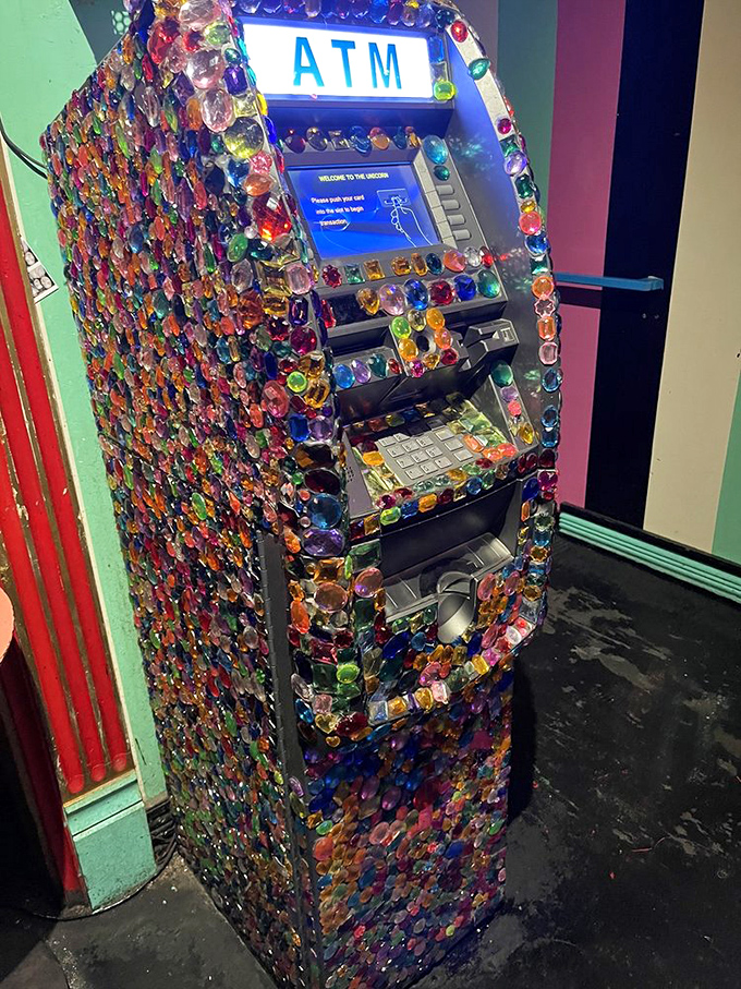 Even the ATM got dressed for the occasion, covered in colorful gems that make spending money feel like part of the entertainment.