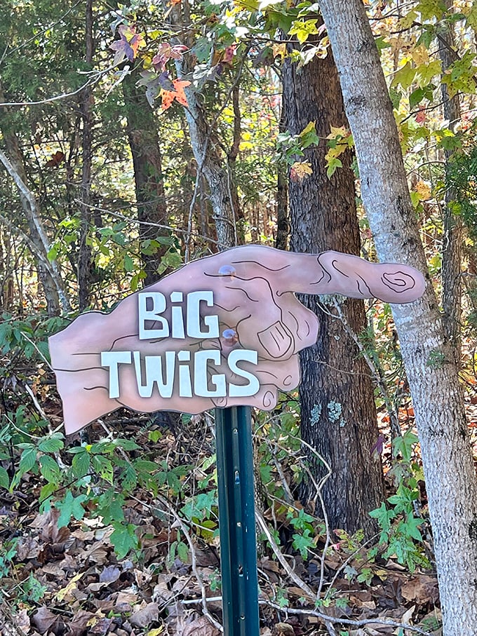 The "Big Twigs" trail sign points the way to adventure with rustic charm. Whoever said directions can't be fun never hiked at Lake Malone.