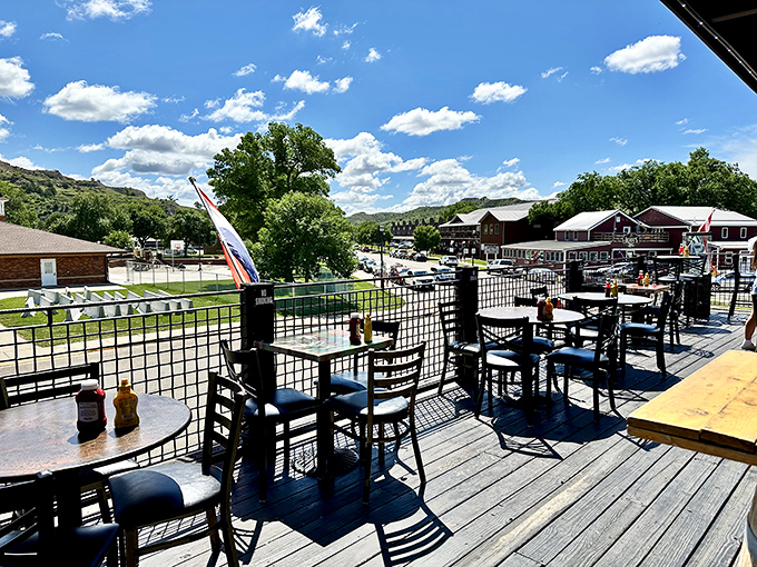 The outdoor deck doesn't just offer seating&mdash;it offers front-row tickets to the greatest show in North Dakota: the Badlands under an endless sky.