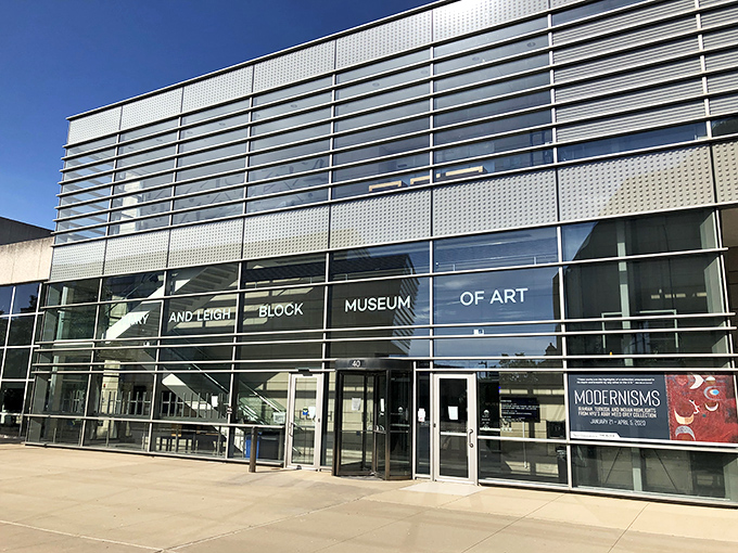 The Block Museum of Art's glass facade reflects Evanston's commitment to cultural exploration, inviting visitors to discover new perspectives through rotating exhibitions.