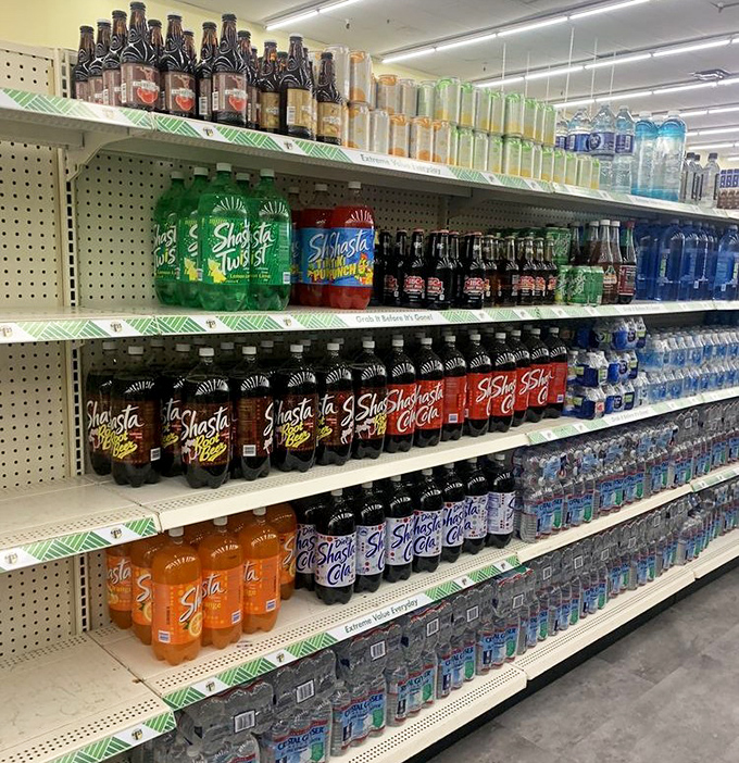 Beverage bonanza! From Shasta to sparkling water, this aisle ensures no guest goes thirsty at your next gathering, whatever their carbonation preference.