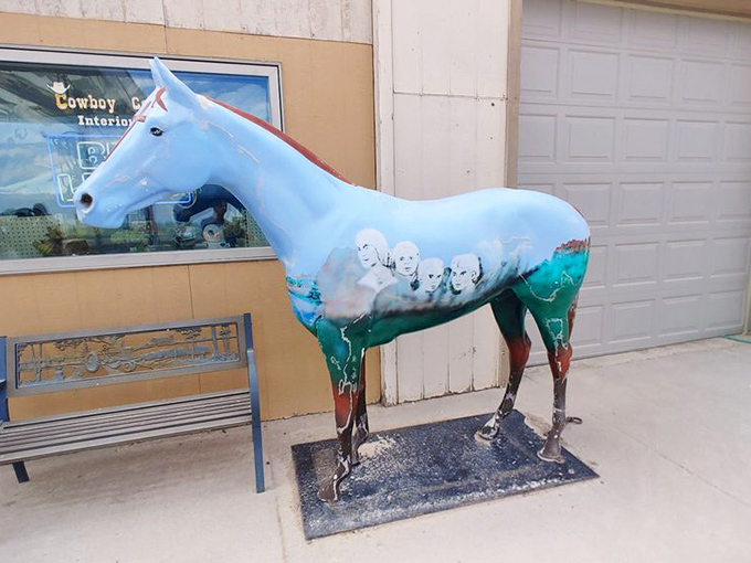 Outside stands a painted horse statue—part roadside Americana, part local pride, all conversation starter for visitors.