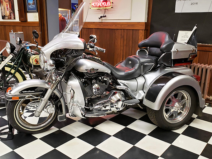 Three-wheeled freedom&mdash;this silver Harley trike offers all the rebellion of motorcycling with the added promise that you probably won't tip over at stoplights.