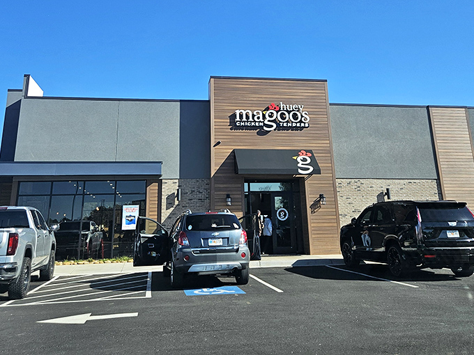 Huey Magoo's modern storefront offers a contemporary counterpoint to Monroe's historic buildings&mdash;because even treasure hunters need the occasional chicken tender break.