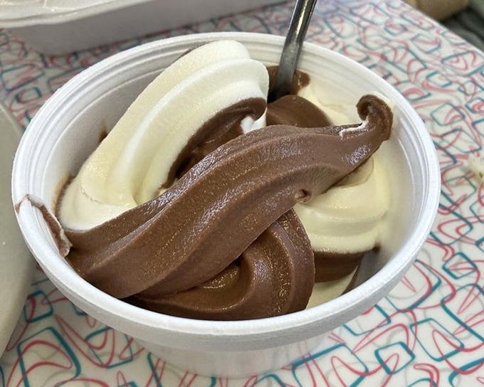 Chocolate and vanilla soft serve swirled together—proof that sometimes life's greatest pleasures come from simple combinations done perfectly.