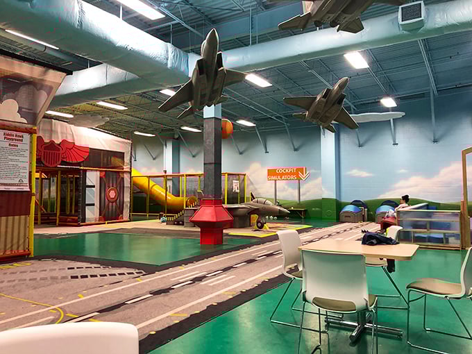 The Kiddie Hawk Playground combines military heritage with childhood fun, featuring model aircraft that inspire the imagination while honoring Seymour Johnson Air Force Base's community presence.