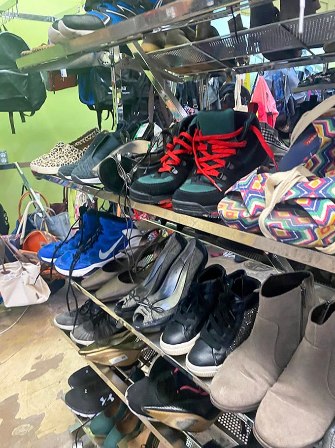 Nike, Under Armour, and colorful backpacks create a sporty corner where athletic dreams come cheap.