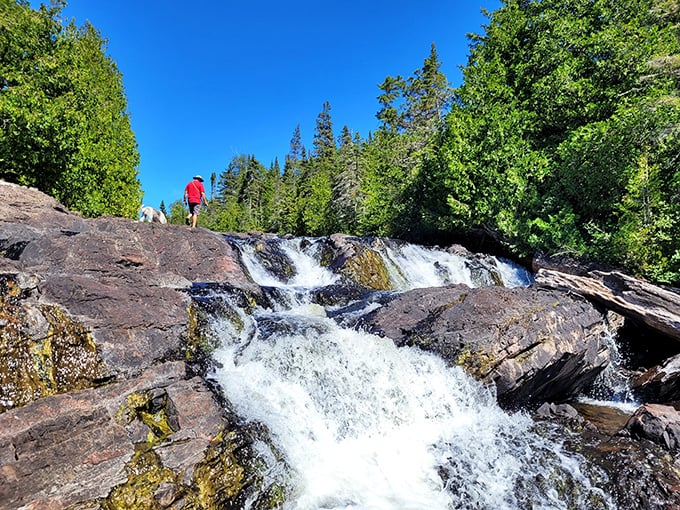 Montreal Falls invites intrepid hikers to pause and witness the raw power of water carving its path to Superior.