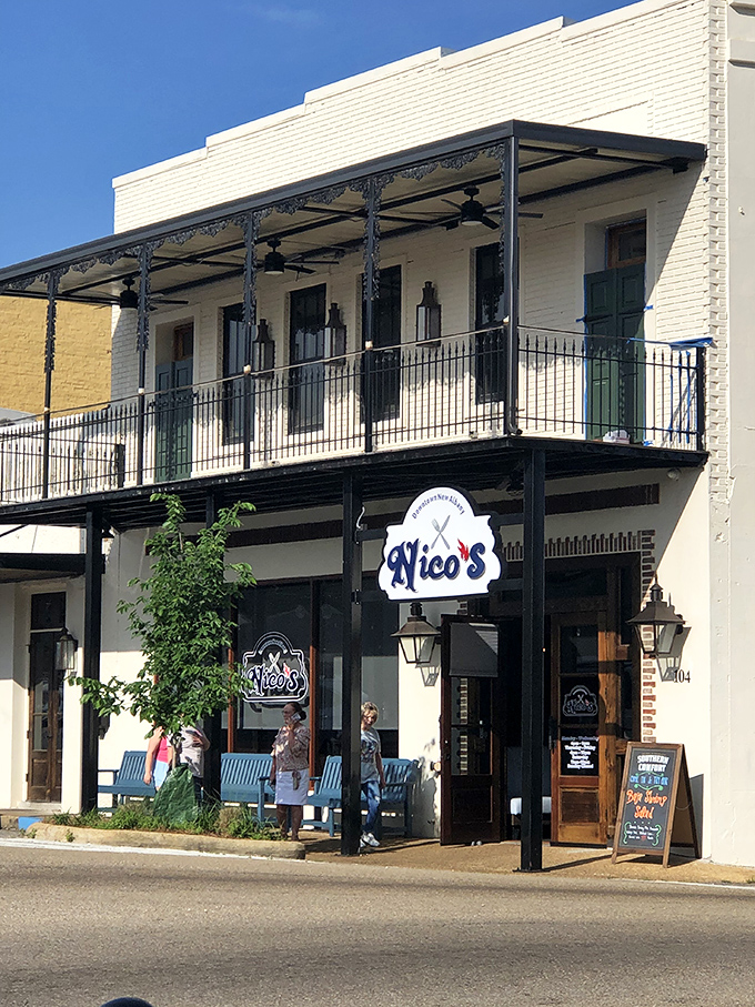 Nico's charming storefront combines New Orleans architectural flair with Mississippi hospitality. Those blue benches practically beg you to sit a spell before heading inside.