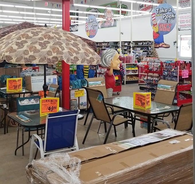 Patio furniture display that has you mentally redesigning your backyard while standing under fluorescent lights in January.