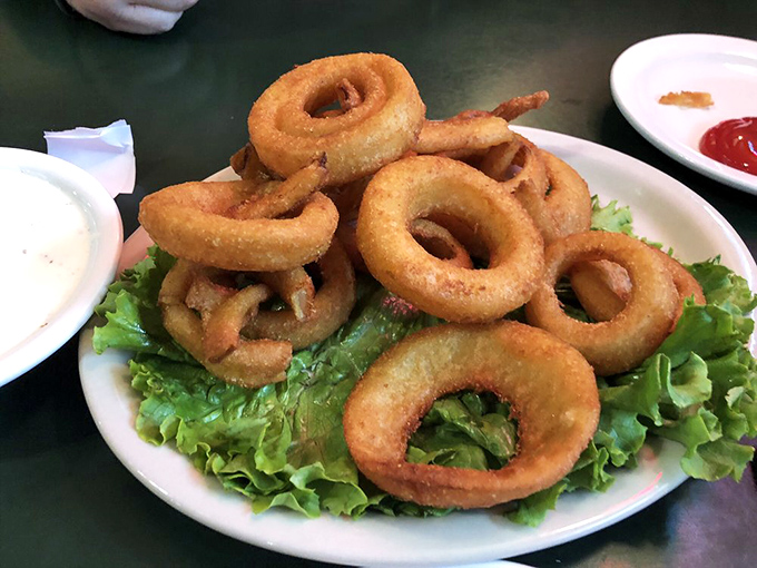 Golden-fried onion rings that crunch loud enough to startle the taxidermy, served on a bed of lettuce pretending this is health food.