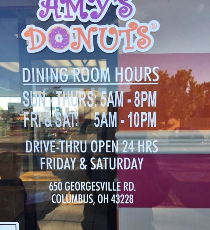 The hours posted on the door reveal a crucial piece of intel: the drive-thru is open 24 hours on weekends. Late-night donut emergencies: solved.
