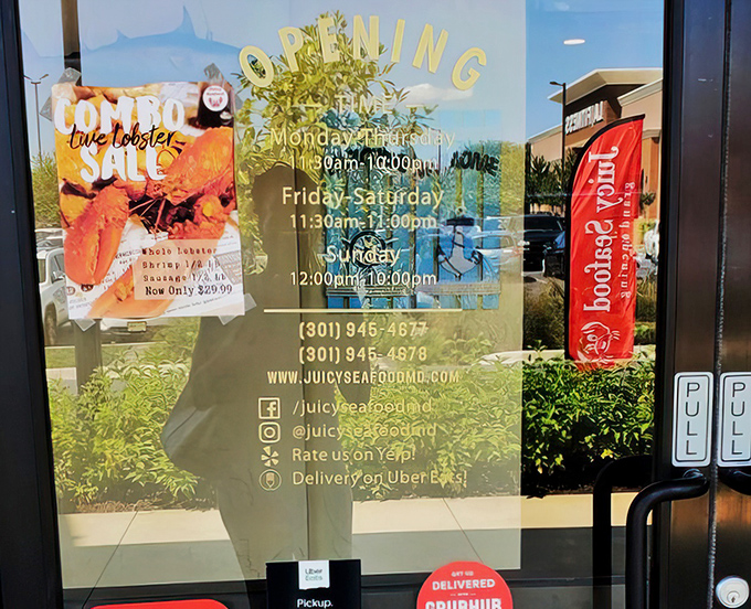 Hours of operation that read like a promise: "Yes, we're here when you need us." The jumbo seafood sale poster is just a bonus.