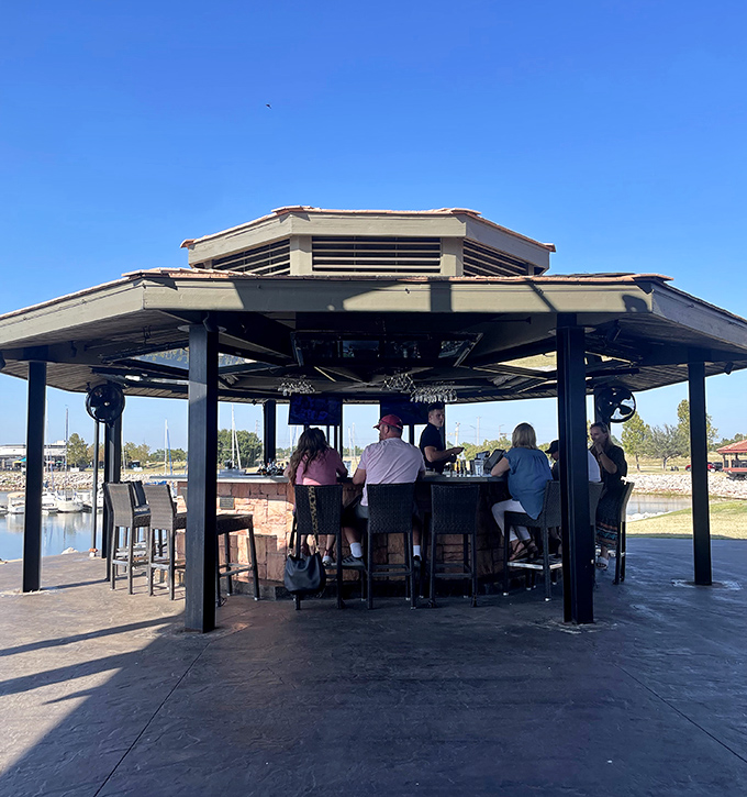 The outdoor bar pavilion offers 360-degree views of Lake Hefner&mdash;a cocktail oasis under Oklahoma's vast skies.