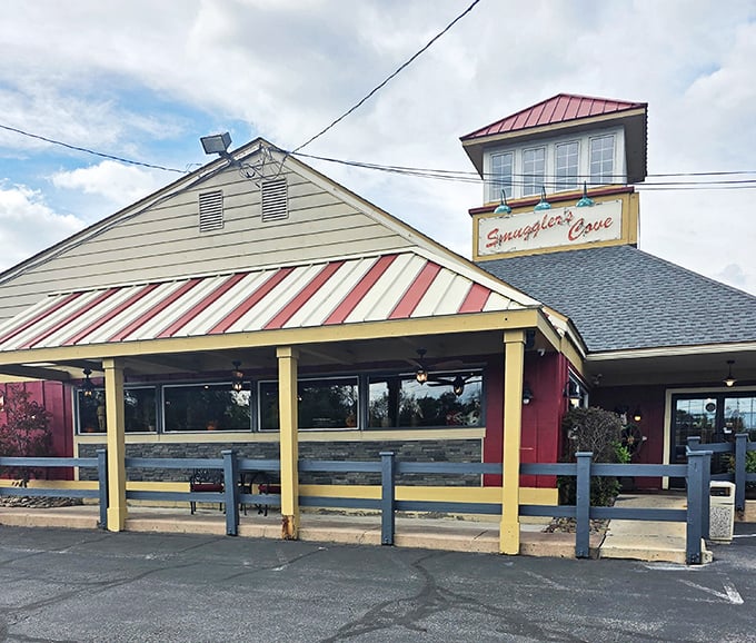 The exterior's red and yellow accents pop against the blue Pennsylvania sky. Like a cheerful maritime outpost that somehow landed in the Poconos.