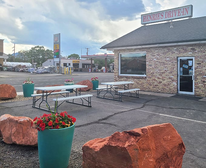 Outdoor seating surrounded by Utah's signature red rocks &ndash; nature's way of saying "take your time, enjoy that burger."
