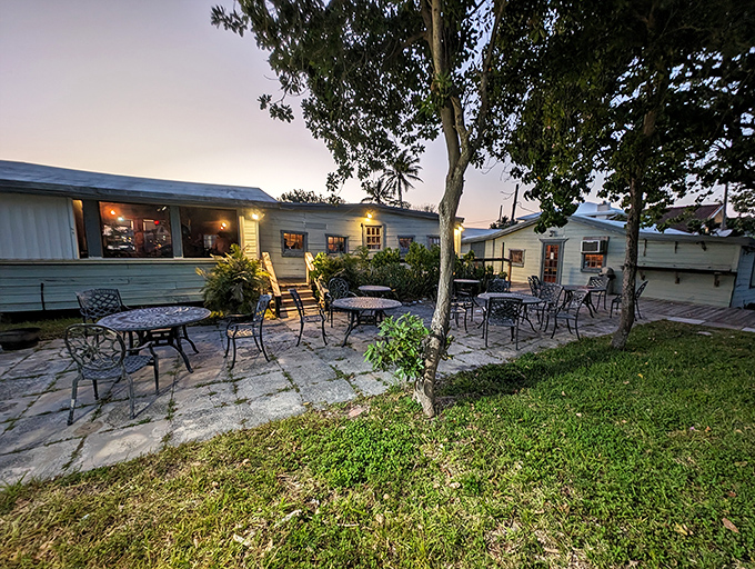 Outdoor seating at twilight offers the perfect Florida evening backdrop. Just add a gentle breeze and something cold to drink.