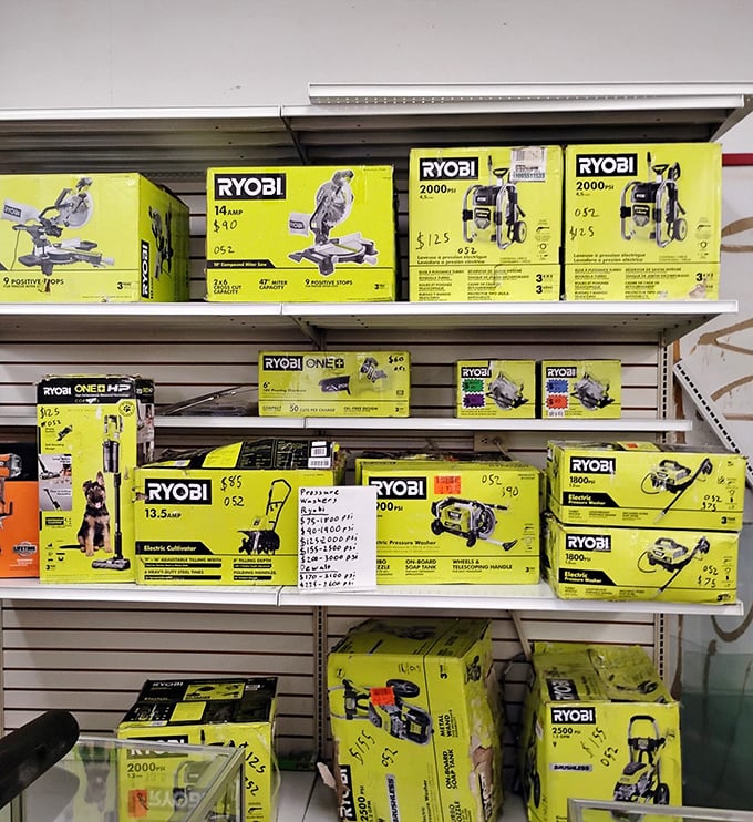 Tool paradise for the DIY devotee! These yellow Ryobi boxes contain weekend project potential and honey-do list solutions galore.