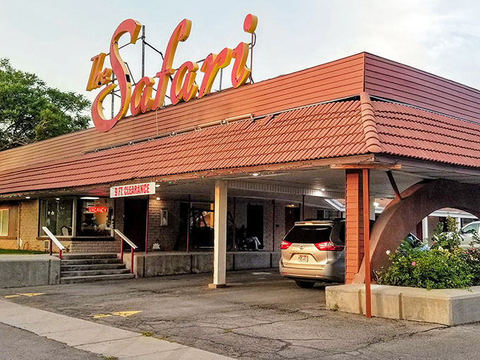 The Safari Motel's vintage sign glows with mid-century charm, promising weary travelers a place to "park their safari" for the night.