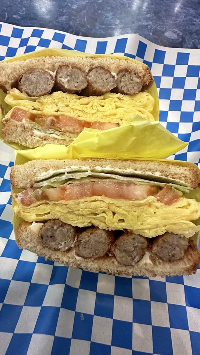 This breakfast sandwich doesn't just start your day—it defines it with perfectly cooked sausage and eggs between toasted bread.