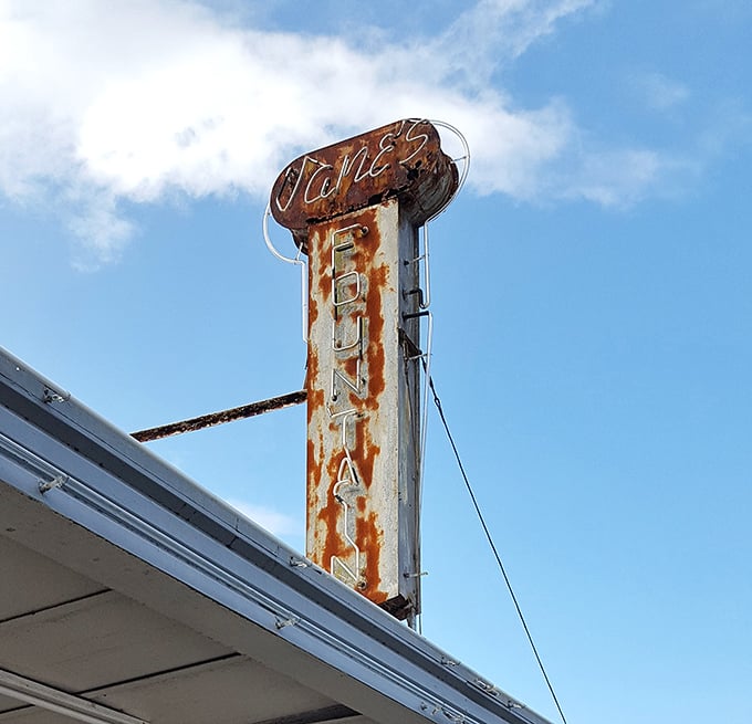 That rusted "Jane's Fountain" sign has weathered countless tropical storms, much like the diner itself has weathered changing food trends.
