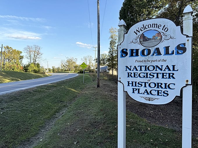 The welcome sign proudly announces Shoals' place on the National Register of Historic Places &ndash; small town with a big pedigree.