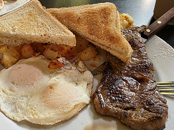 The steak and eggs platter that answers the eternal question: "Why choose between breakfast and lunch when you can have both?" Pure protein poetry on a plate.