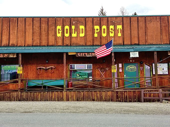 The Gold Post's weathered wooden storefront and American flag channel pure Americana, promising souvenirs more memorable than the trinkets in your average gift shop.